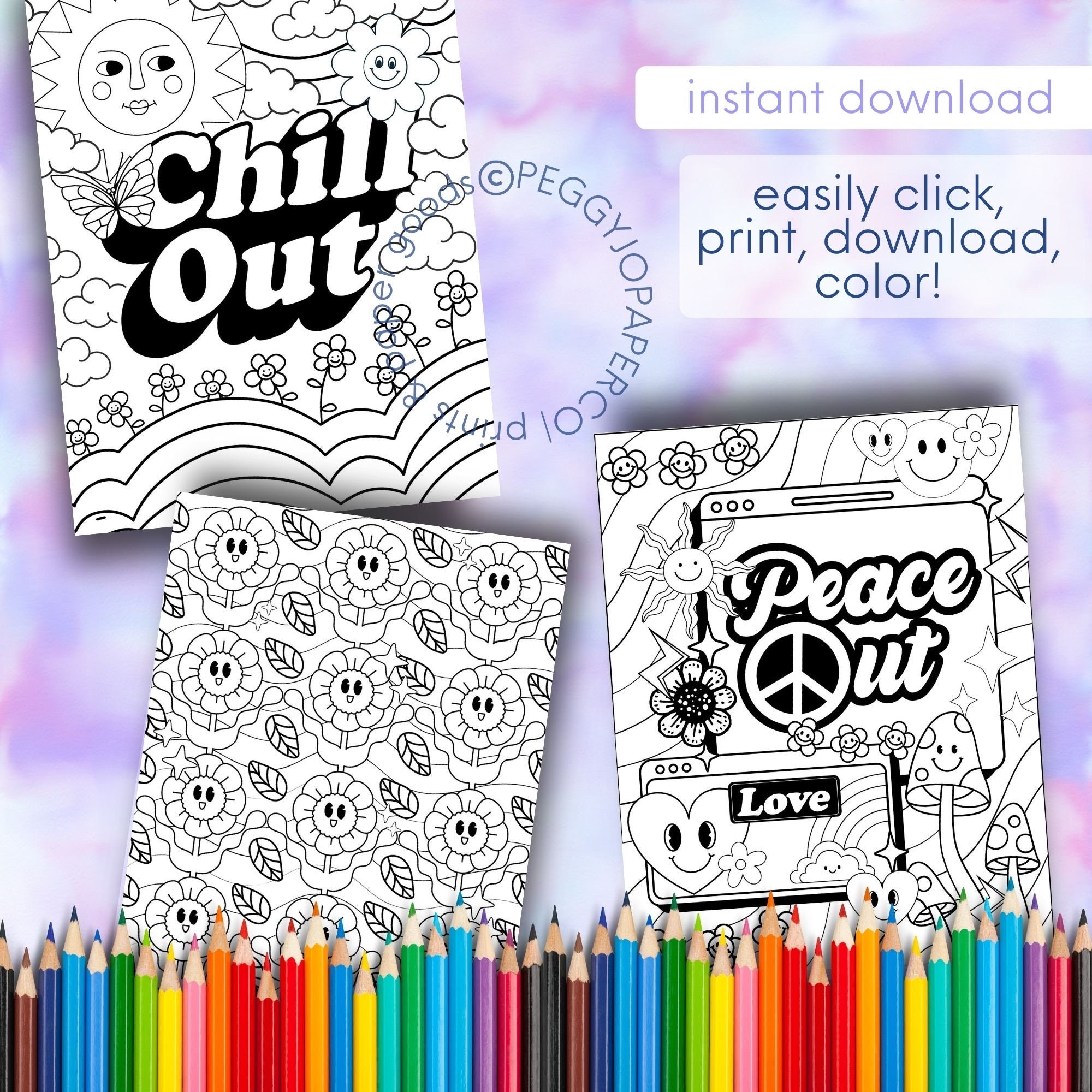 Flower Coloring Pages, Retro-chic, Hippy Retro, Hippie Adult Coloring ...