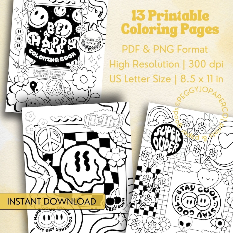 Be Happy Coloring Pages, Retro-chic, Smiley Aesthetic, Preppy Adult ...