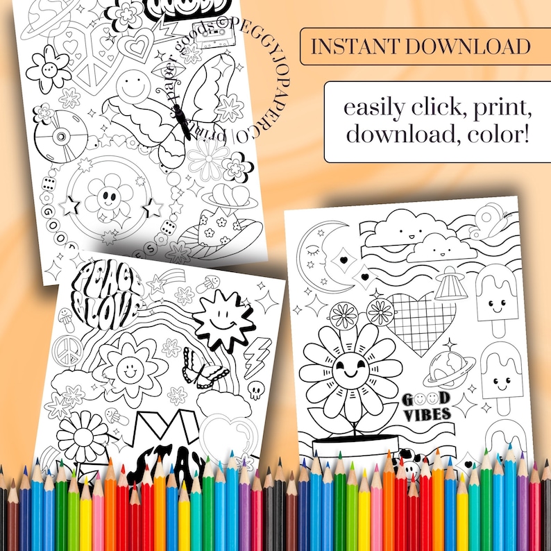Stay Groovy Coloring Pages Vol 2, Retro-chic, Hippy Aesthetic, Adult ...