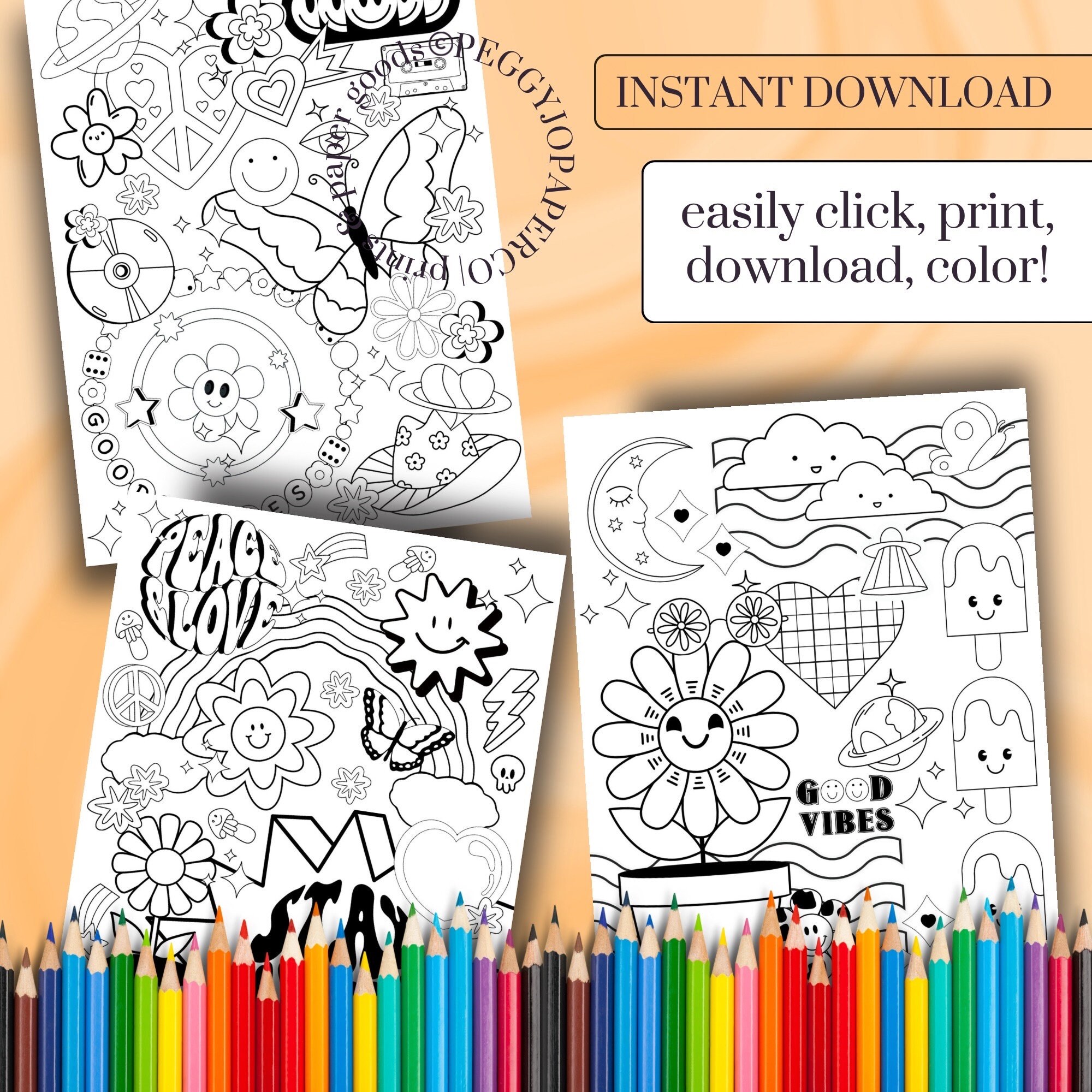 Stay Groovy Coloring Pages Vol 2, Retro-chic, Hippy Aesthetic, Adult ...