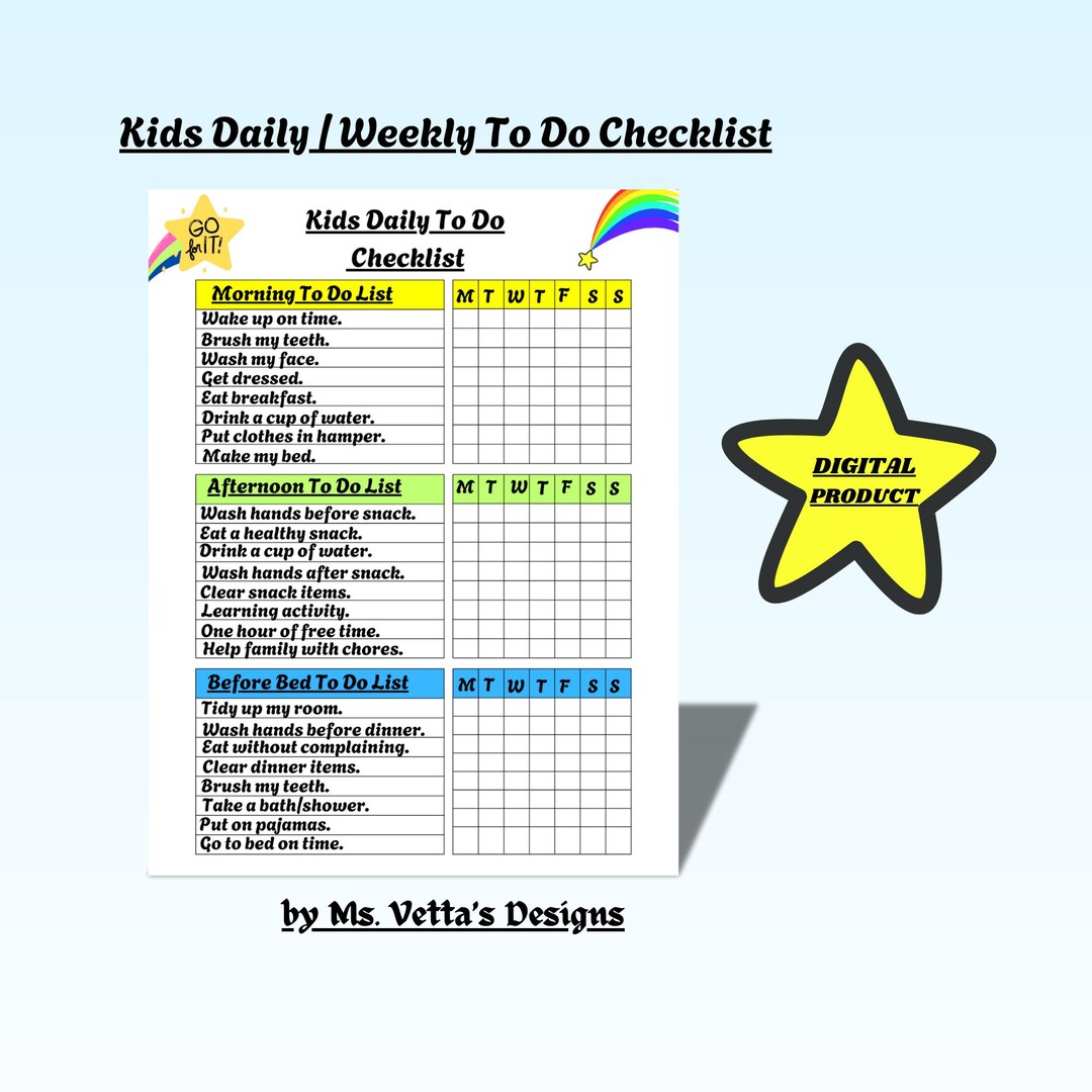 Kids Daily Weekly Checklist, Routine Chart (digital Download) - Etsy