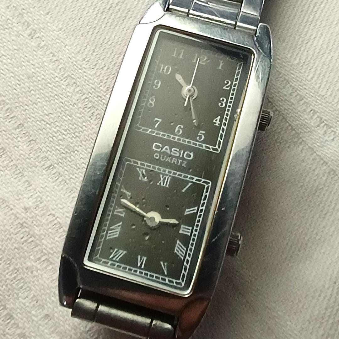 Vintage Casio Dual Time Watch, Rectangular Tank Case, Two Dial Travel ...