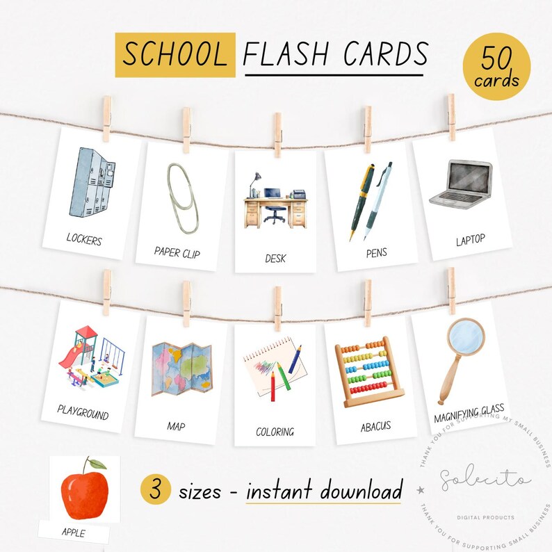 School Themed Flash Cards for Toddlers and Preschoolers Preparedness ...