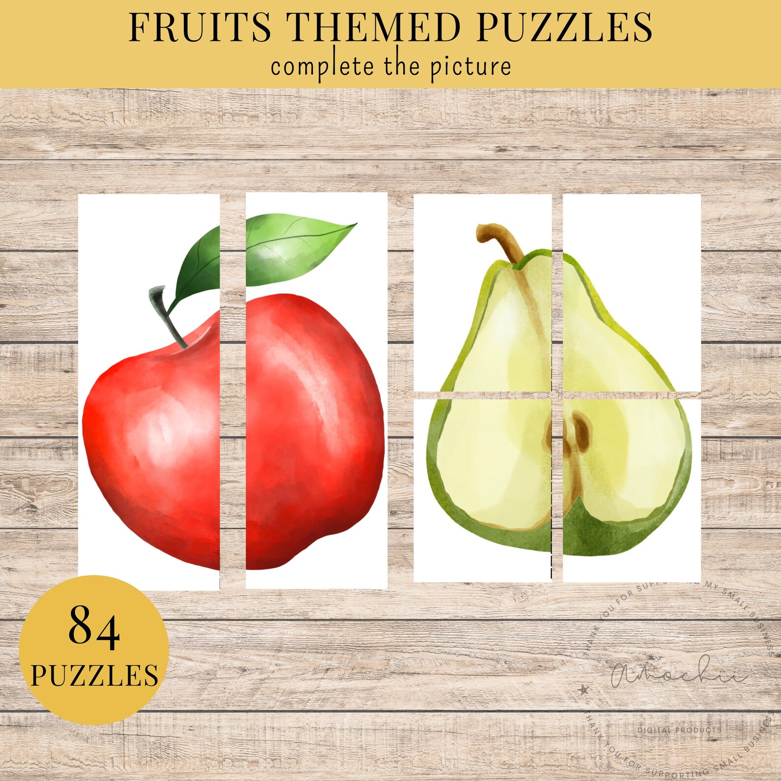 Fruits Matching Puzzles Montessori, Bilingual Complete the Picture ...