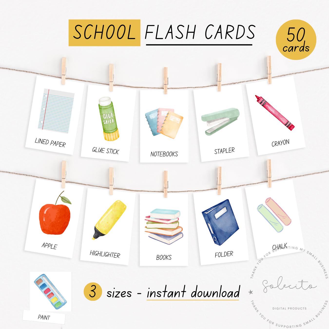 School Themed Flash Cards for Toddlers and Preschoolers Preparedness ...