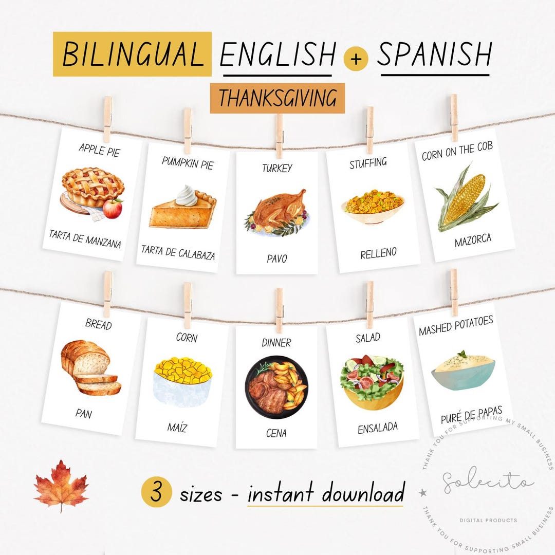 Thanksgiving Themed Flash Cards Bilingual Spanish Immersion English ...