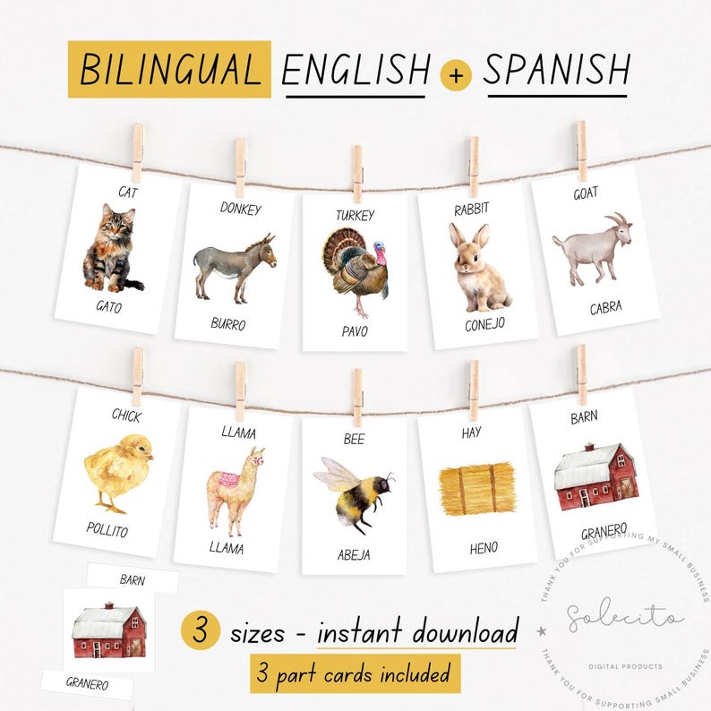Farm Animals Flashcards Bilingual Spanish English Language Learning for ...