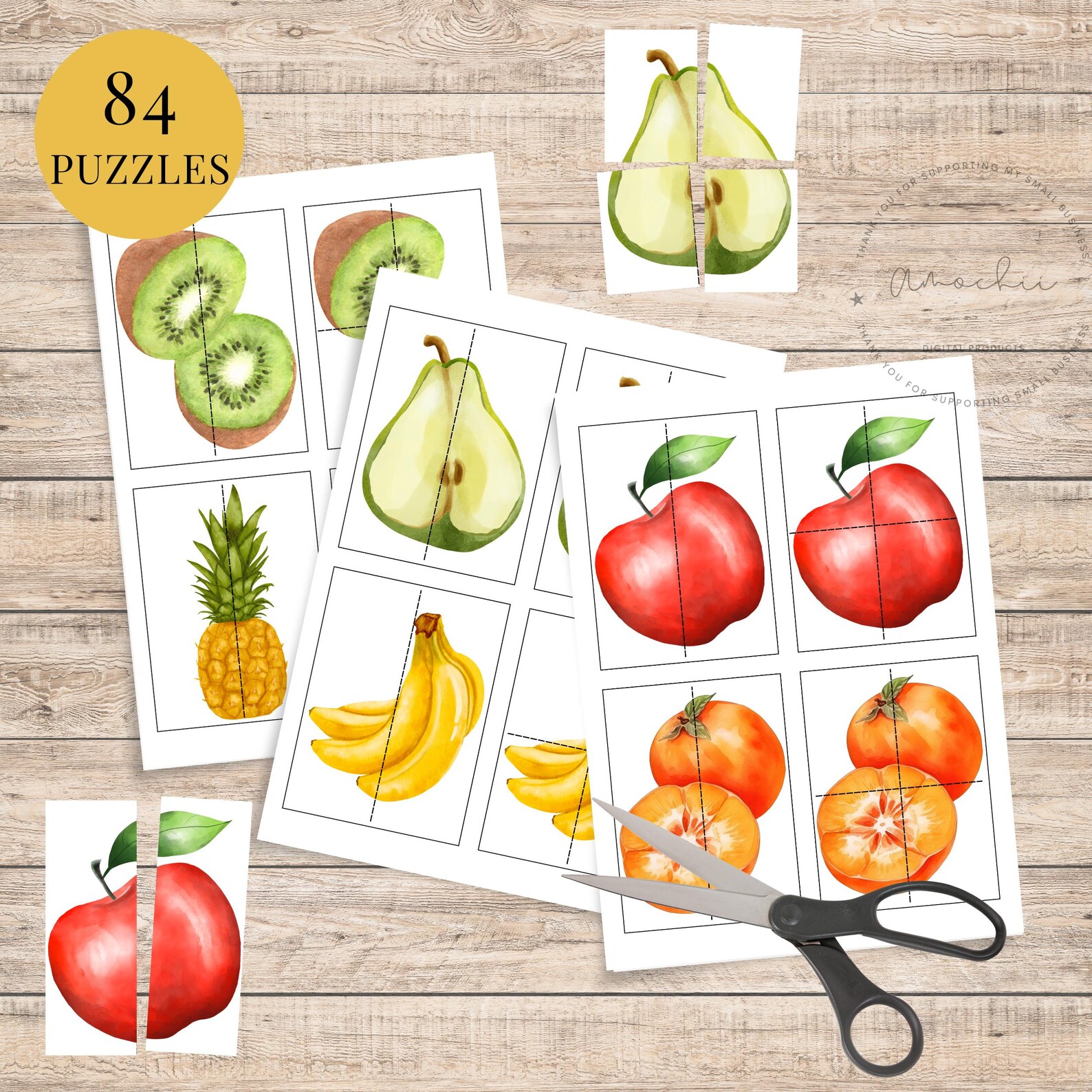 Fruits Matching Puzzles Montessori, Bilingual Complete the Picture ...