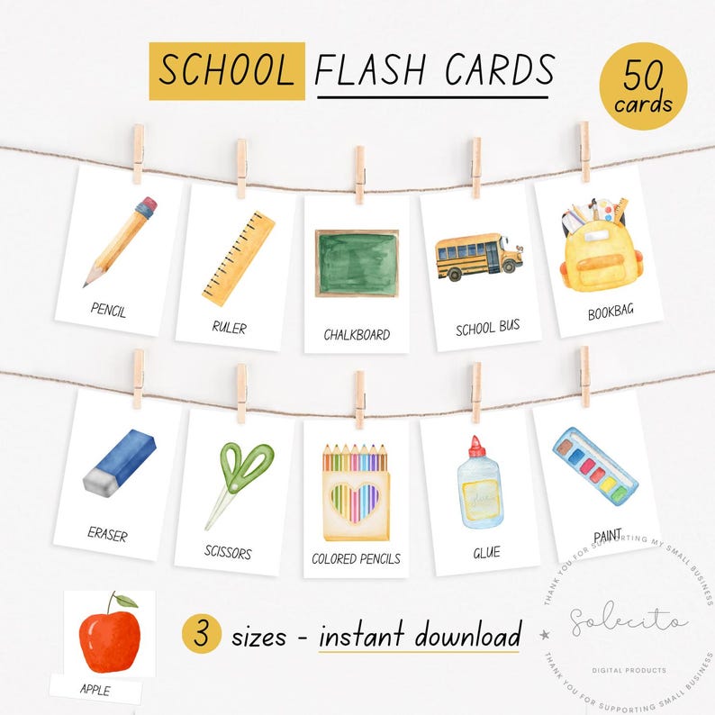 School Themed Flash Cards for Toddlers and Preschoolers Preparedness ...