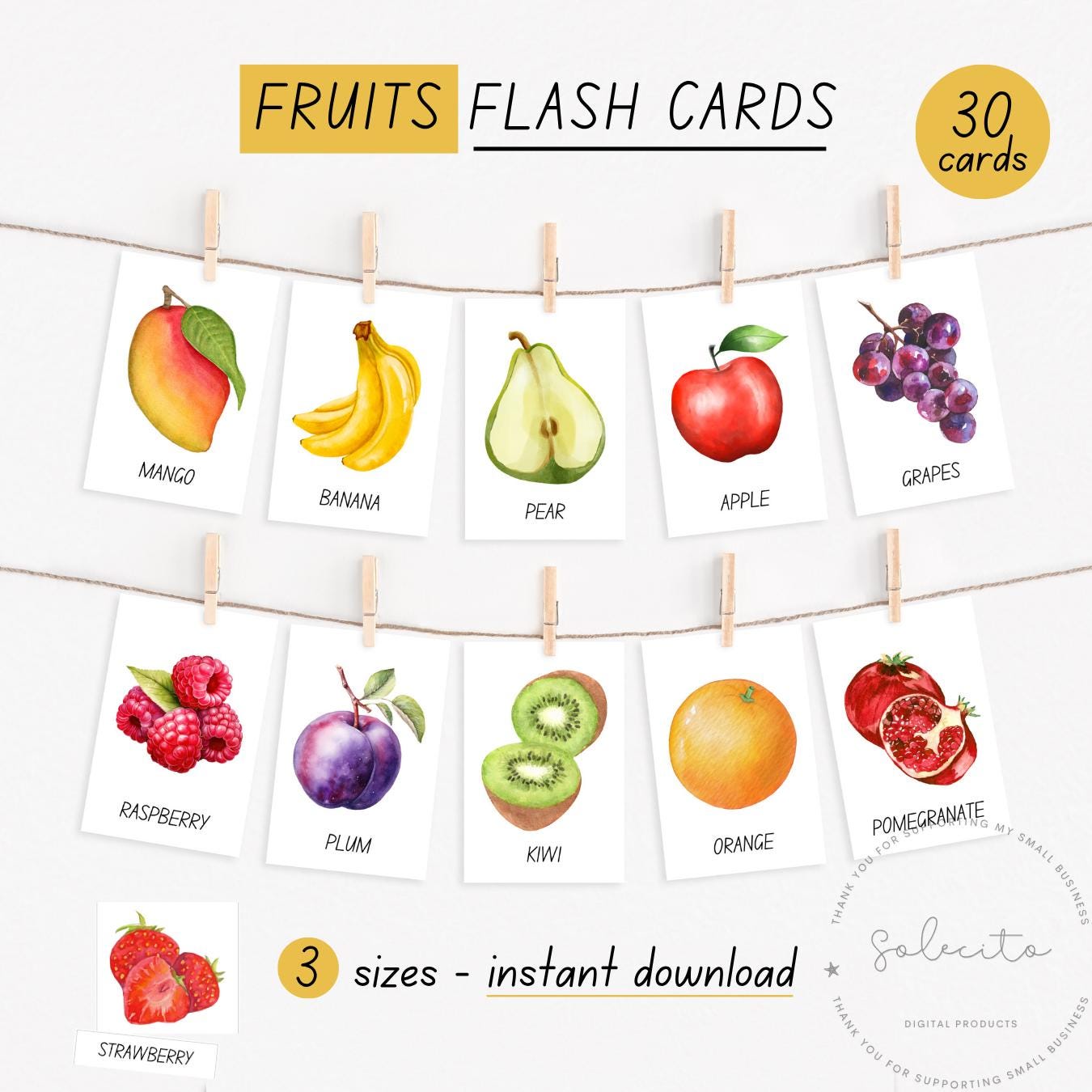 Fruits Flash Cards for Toddlers and Preschoolers, Watercolor Aesthetic ...