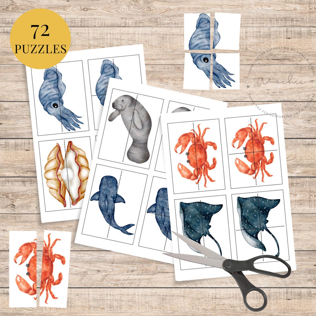 Marine Animals Puzzles Montessori, Bilingual Sea Creatures Cards, Ocean ...