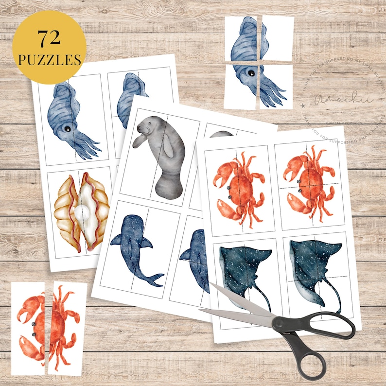 Marine Animals Puzzles Montessori, Bilingual Sea Creatures Cards, Ocean ...