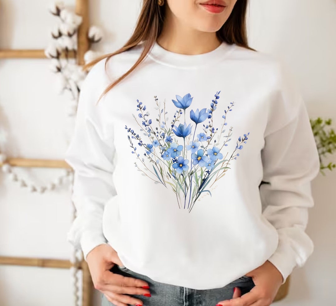 Wildflower Sweatshirt for Women, Gardening Sweatshirt, Blue Floral ...