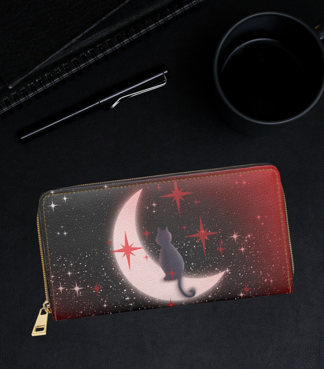 Goth Wallet - Dark Academia Celestial Cat Wallet - Cresent Moon Zipper ...