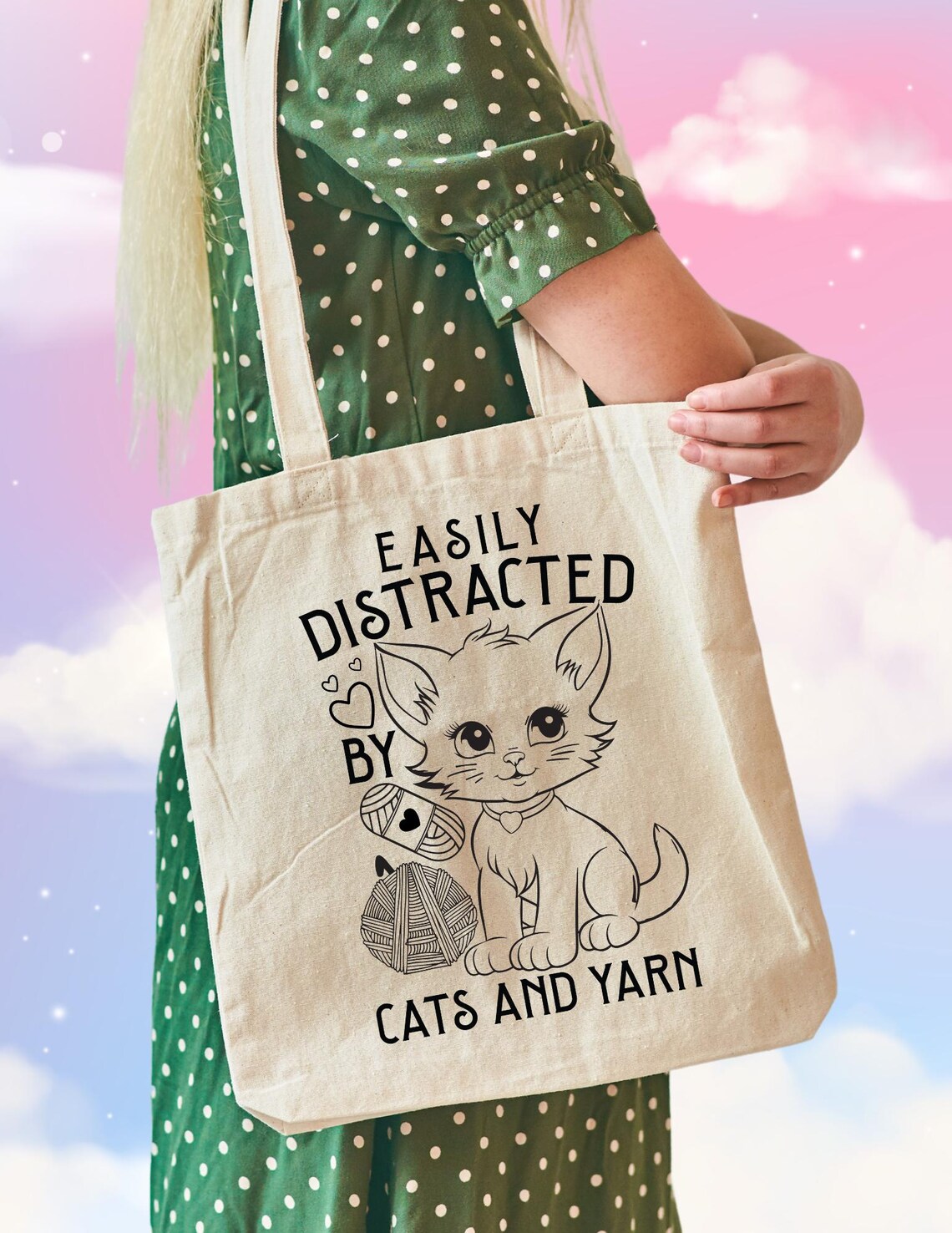 Funny Canvas Tote Bag Distracted by Cats and Yarn Design - Etsy