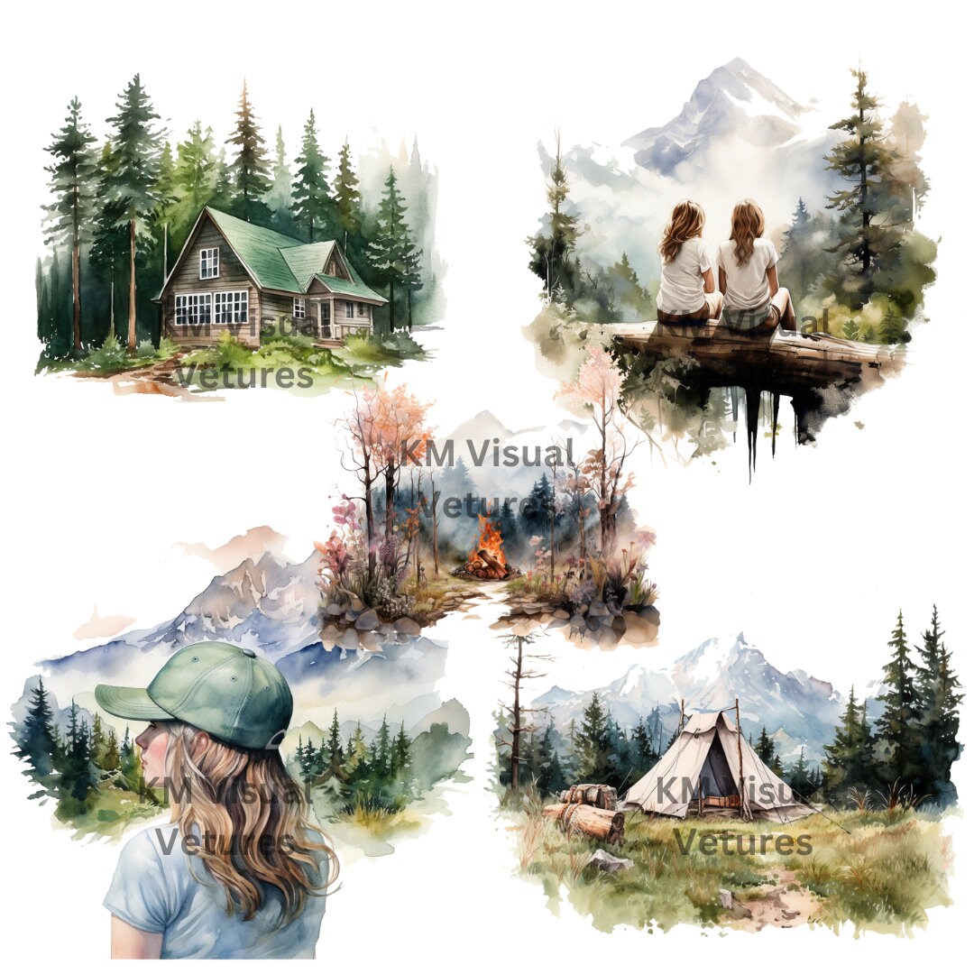 Watercolor Outdoor Hiking Girls Adventure Moutain Trip Clipat PNG, Wild ...