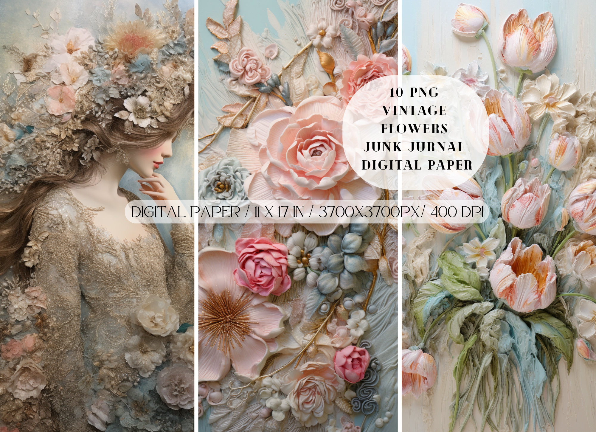 Vintage Floral Junk Journal Pages PNG, Pink Tulips, Peonies, Digital ...
