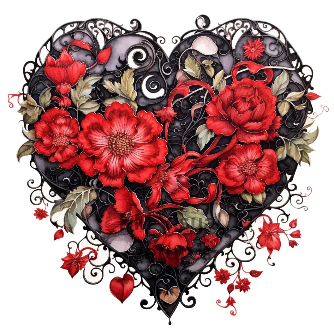 Watercolor Gothic Hearts and Flowers Clipart PNG, Gothic Love ...