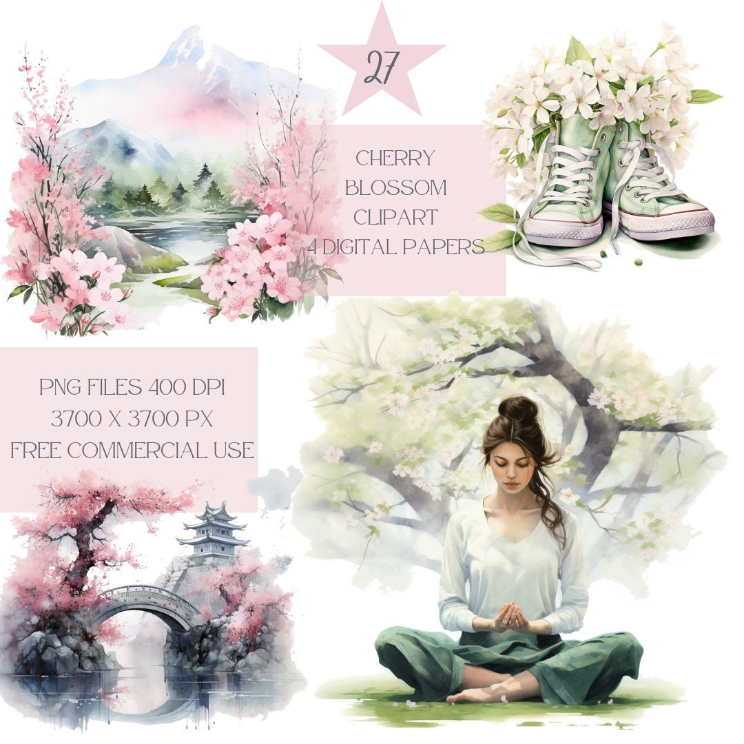 Cherry Blossom Spring Sakura Watercolor 27 PNG Clipart 4 Digital Papers ...