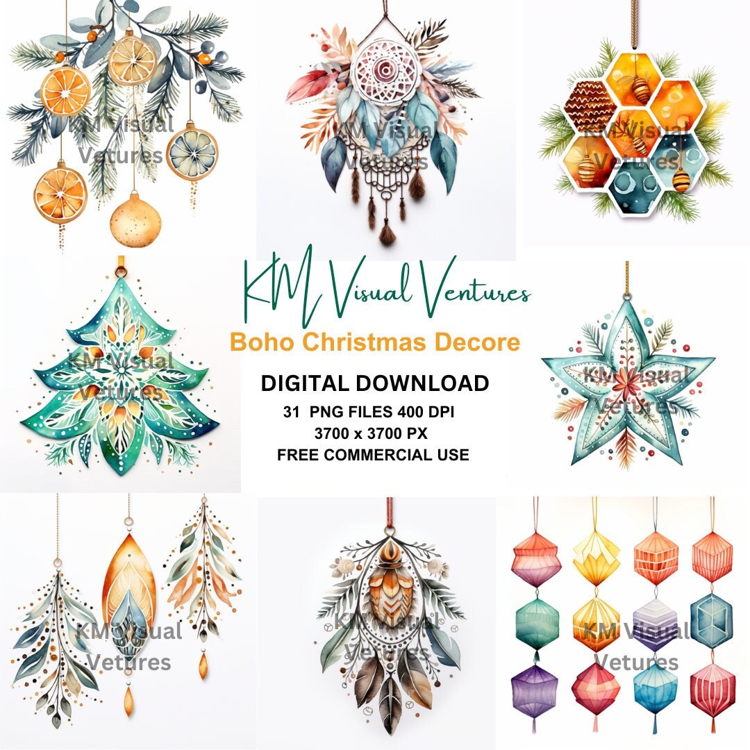Watercolor Boho Christmas Clipart PNG Transparent Background - Etsy