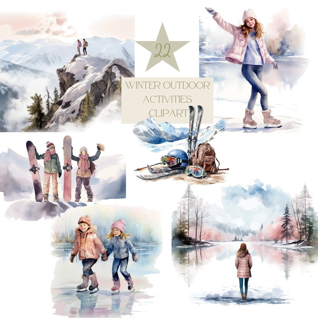 Watercolor Winter Activities Clipart PNG Pastel Holiday - Etsy