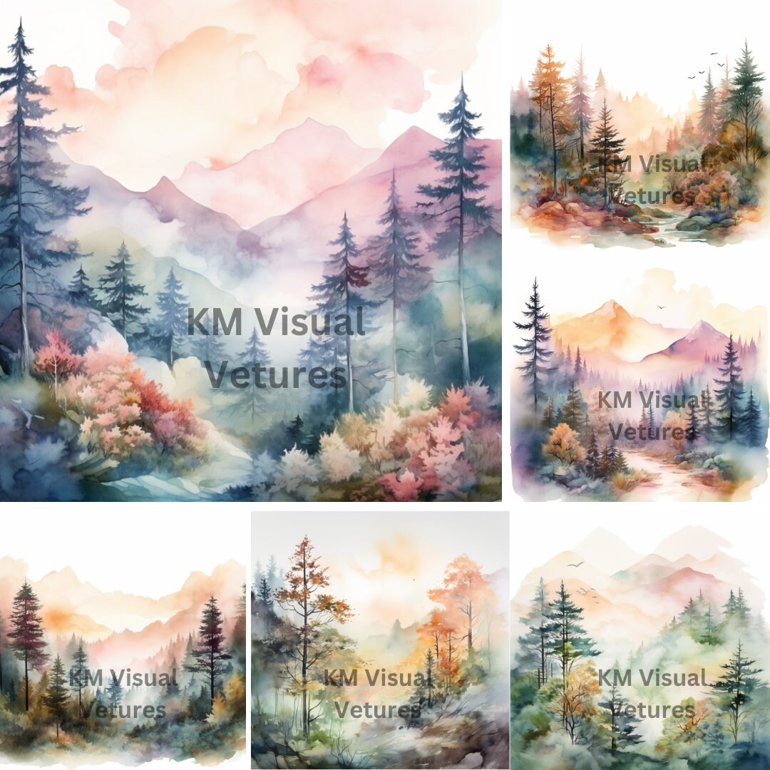 Watercolor Forest Landscapes Pastel Digital Paper PNG, Pine Trees ...