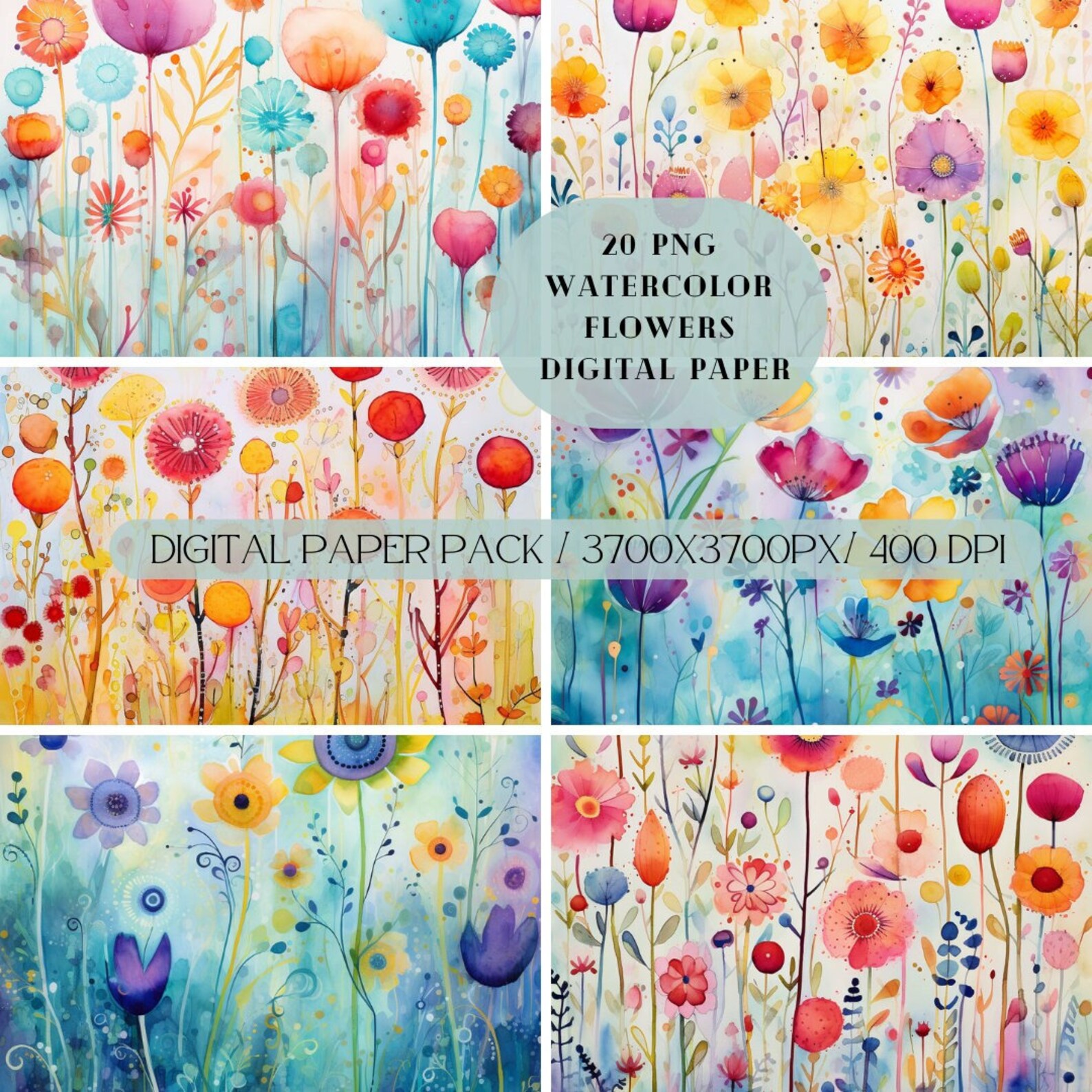 Watercolor Flowers Digital Paper Digital Paper PNG, Flower Backgrounds ...