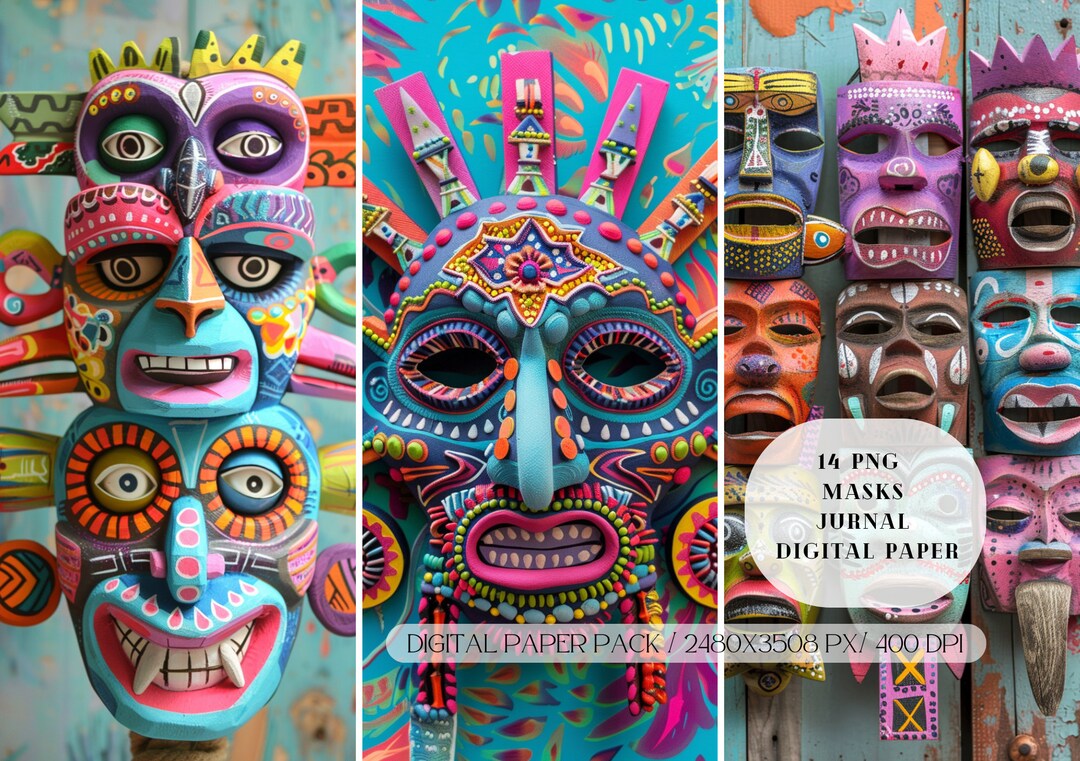 Colorful African Wooden Masks Journal Pages, A4 Pages, Front Cards ...