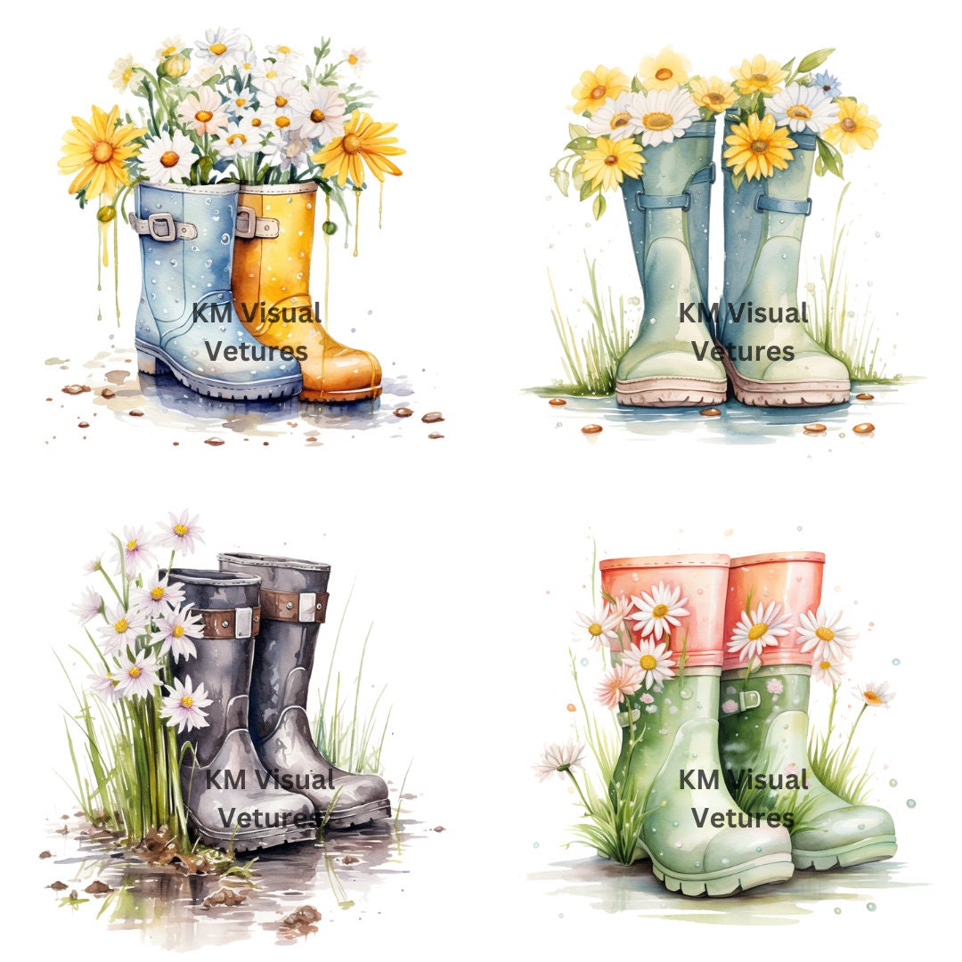 Watercolor Boots Spring Rain Floral Clipart PNG, Spring Clipart,garden ...