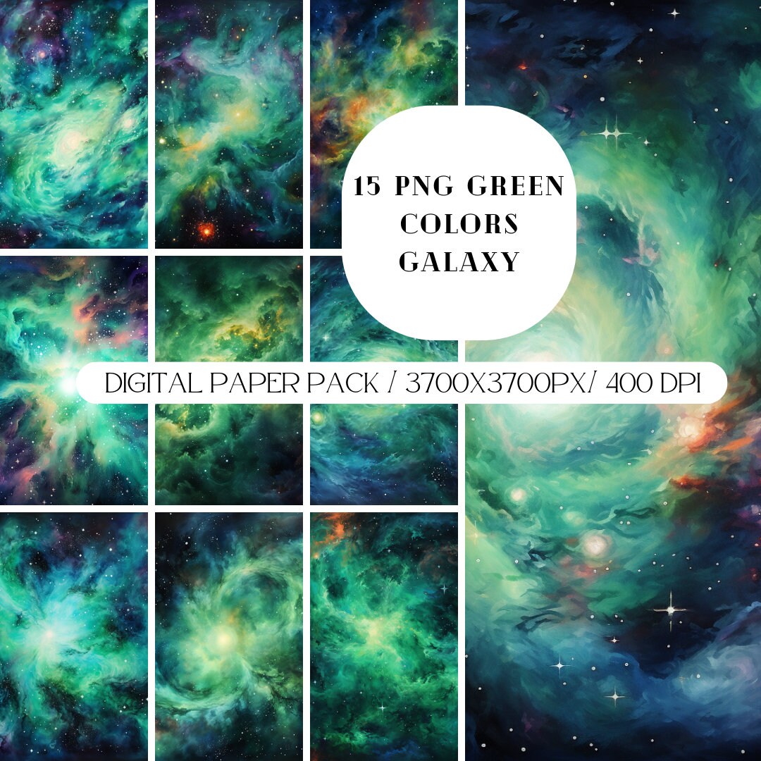 Watercolor Green Galaxy Digital Paper PNG, Starry Night Backgrounds ...