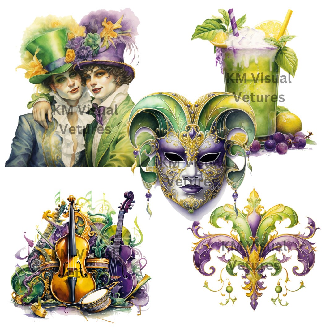 55 Watercolor Happy Mardi Gras Clipart PNG Bundle Masquerade Clip Art ...