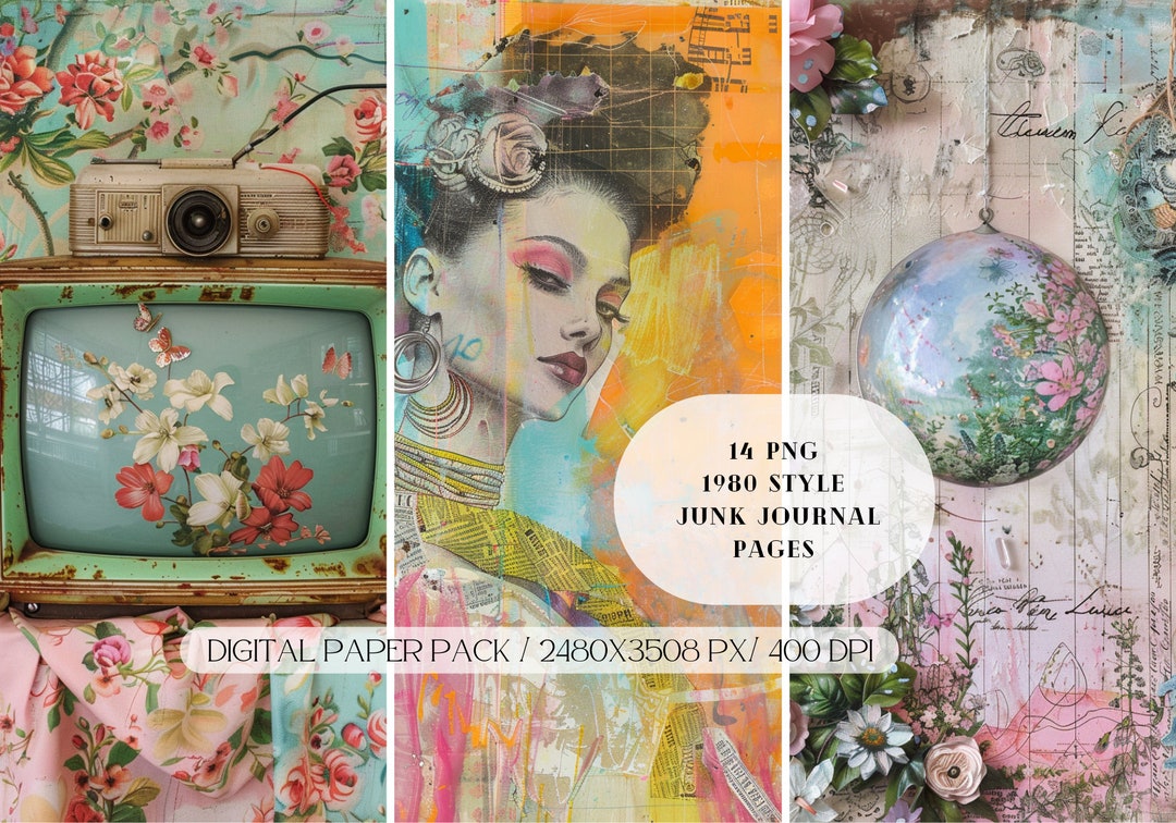 Vintage 1980 Style Digital Paper Junk Journal PNG, Printable Paper Art ...