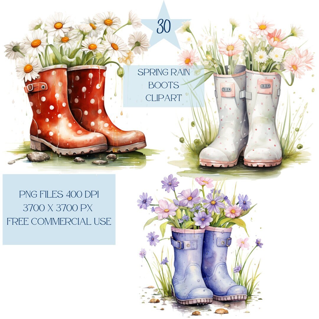 Watercolor Boots Spring Rain Floral Clipart PNG, Spring Clipart,garden ...