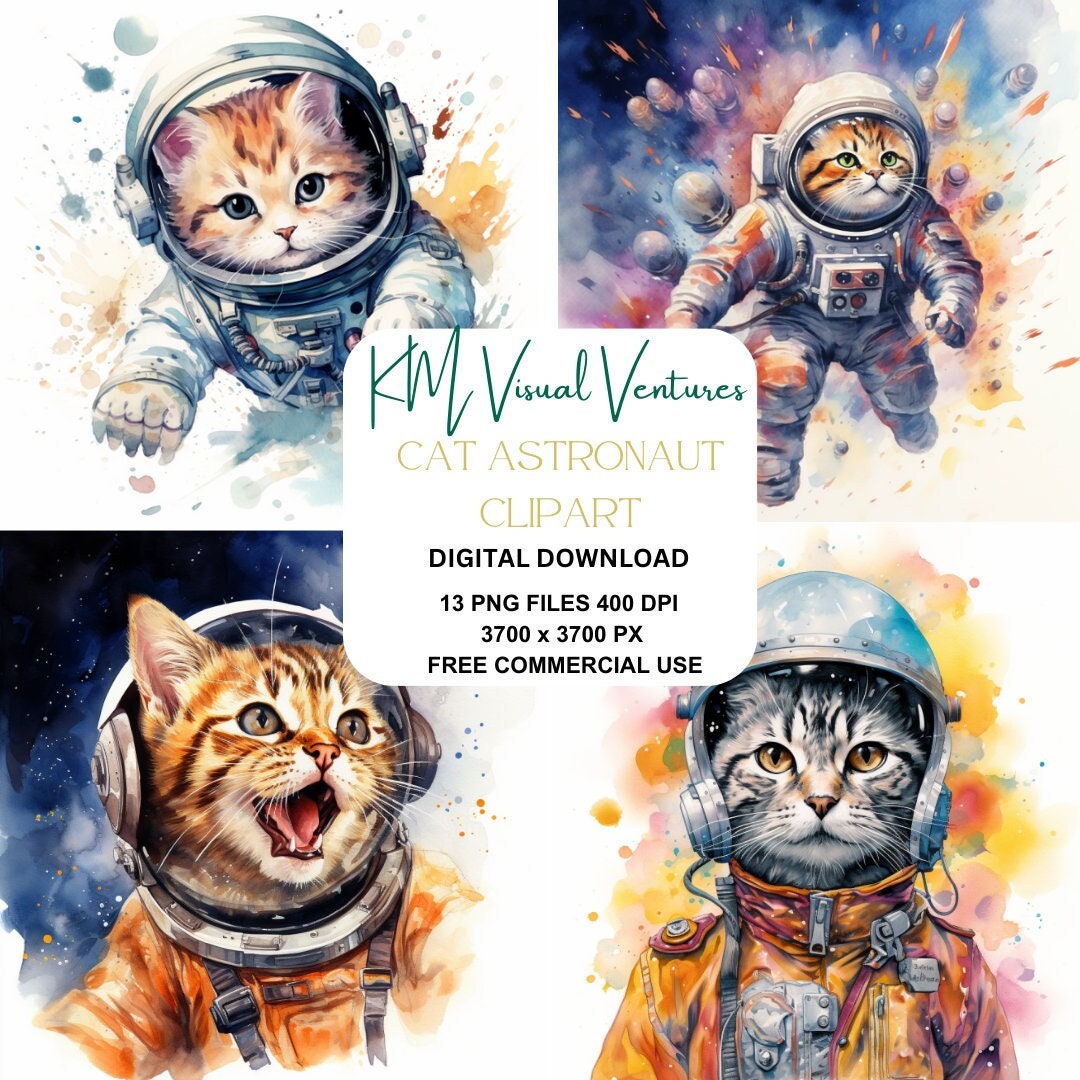 Watercolor Astronaut Cat PNG Sublimation Design Cat Png - Etsy