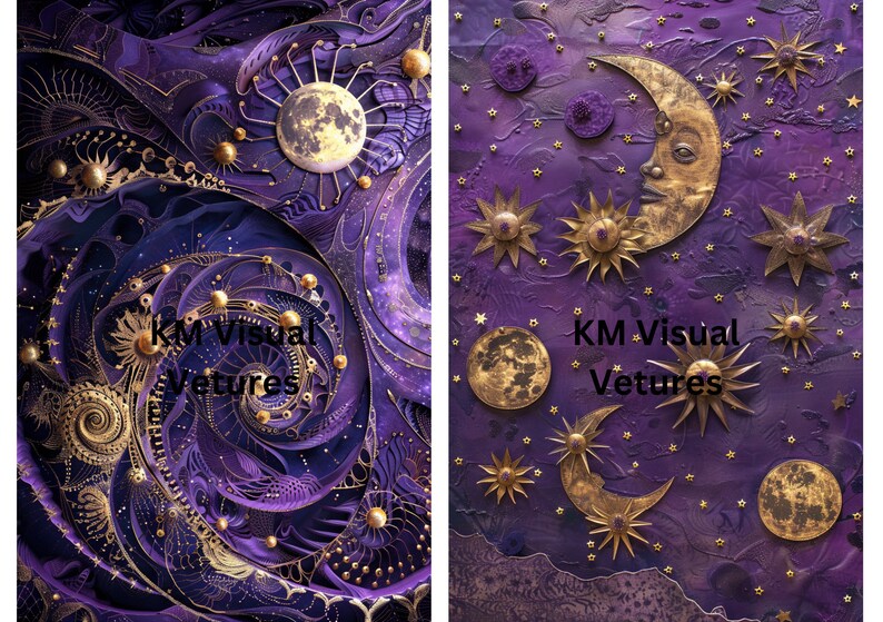 Celestial Purple and Gold Digital Paper Jurnal Pages PNG, Textures ...