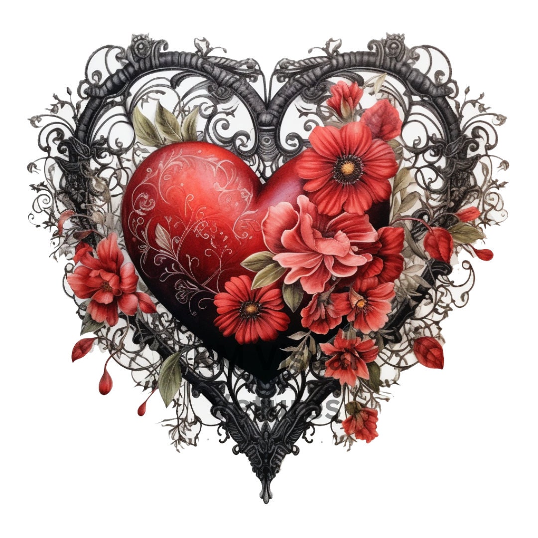 Watercolor Gothic Hearts and Flowers Clipart PNG, Gothic Love ...