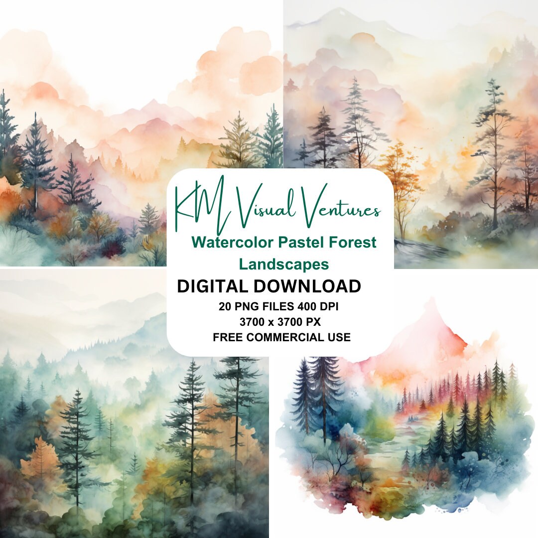 Watercolor Forest Landscapes Pastel Digital Paper PNG, Pine Trees ...