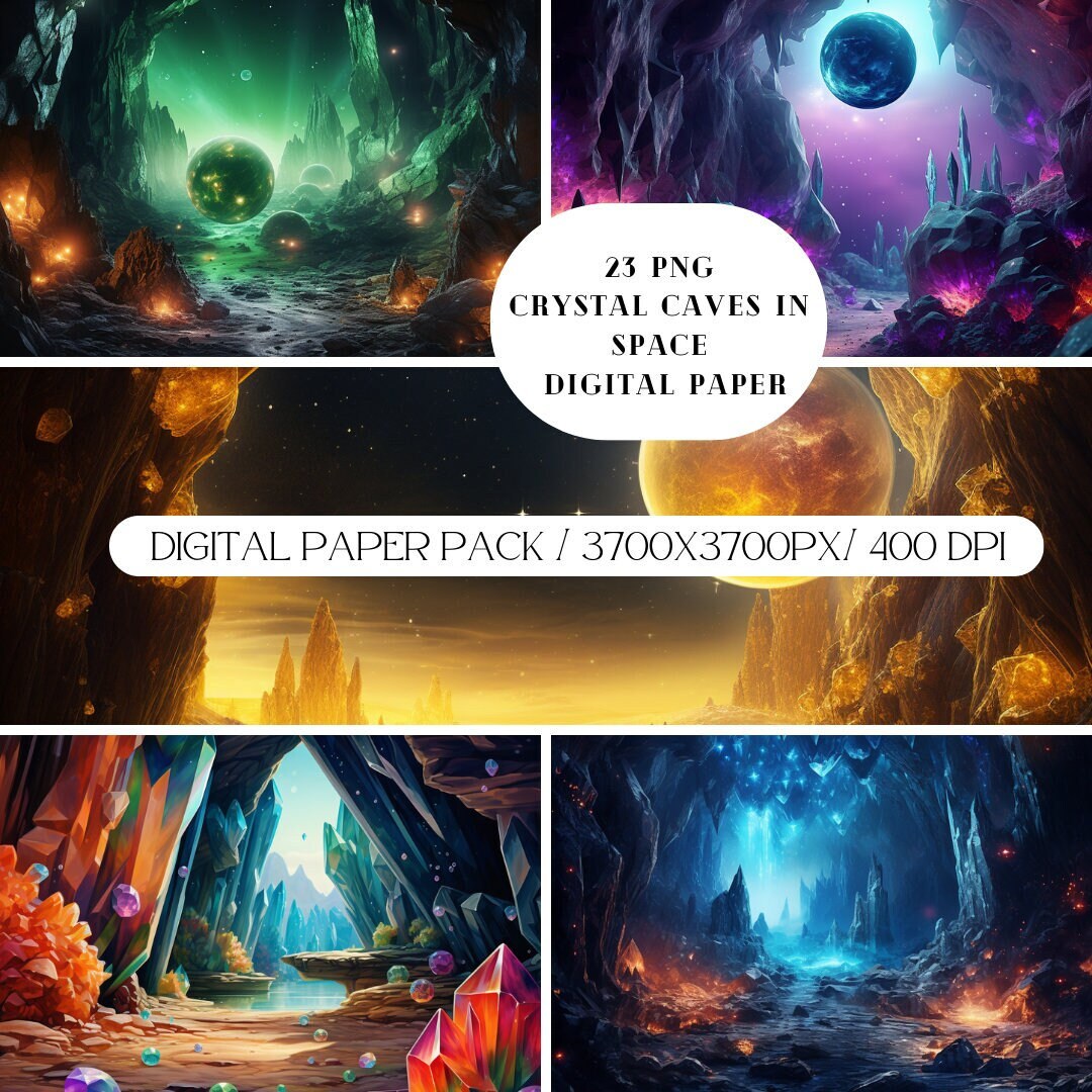 Watercolor Crystal Caves in Space Digital Paper PNG, Spiritual Crystals ...