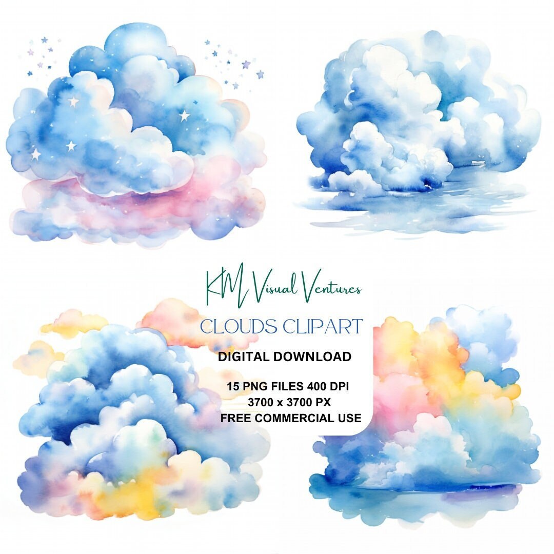 Watercolor Clouds Clipart Sky Clipart PNG Transparent - Etsy