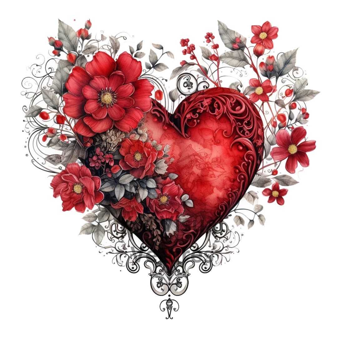 Watercolor Gothic Hearts and Flowers Clipart PNG, Gothic Love ...
