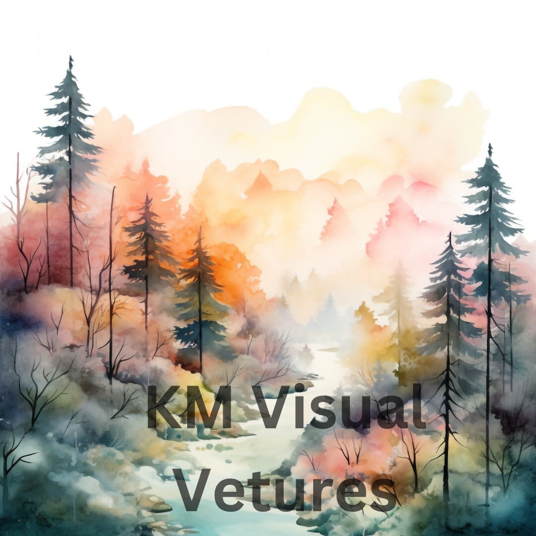 Watercolor Forest Landscapes Pastel Digital Paper PNG, Pine Trees ...