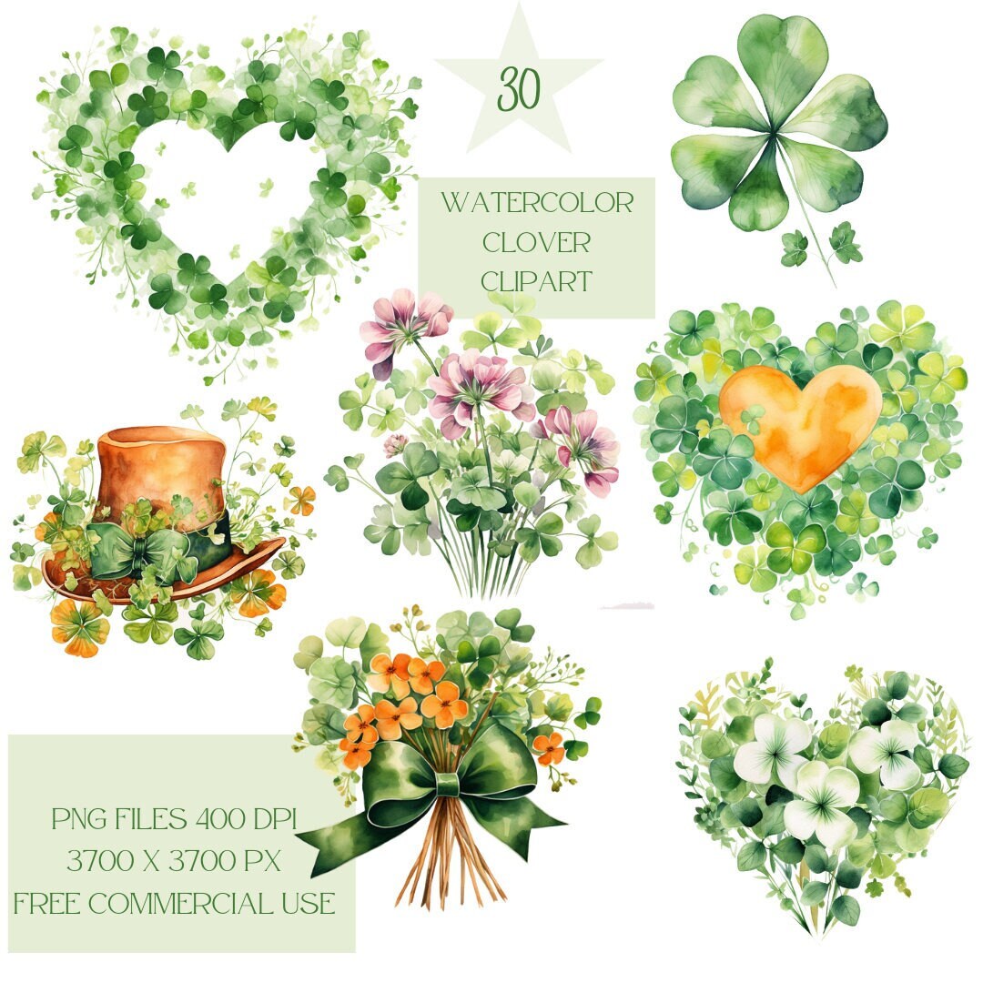 Watercolor Four Leaf Clover Clipart PNG. Grass Shamrock Heart Wreaths ...