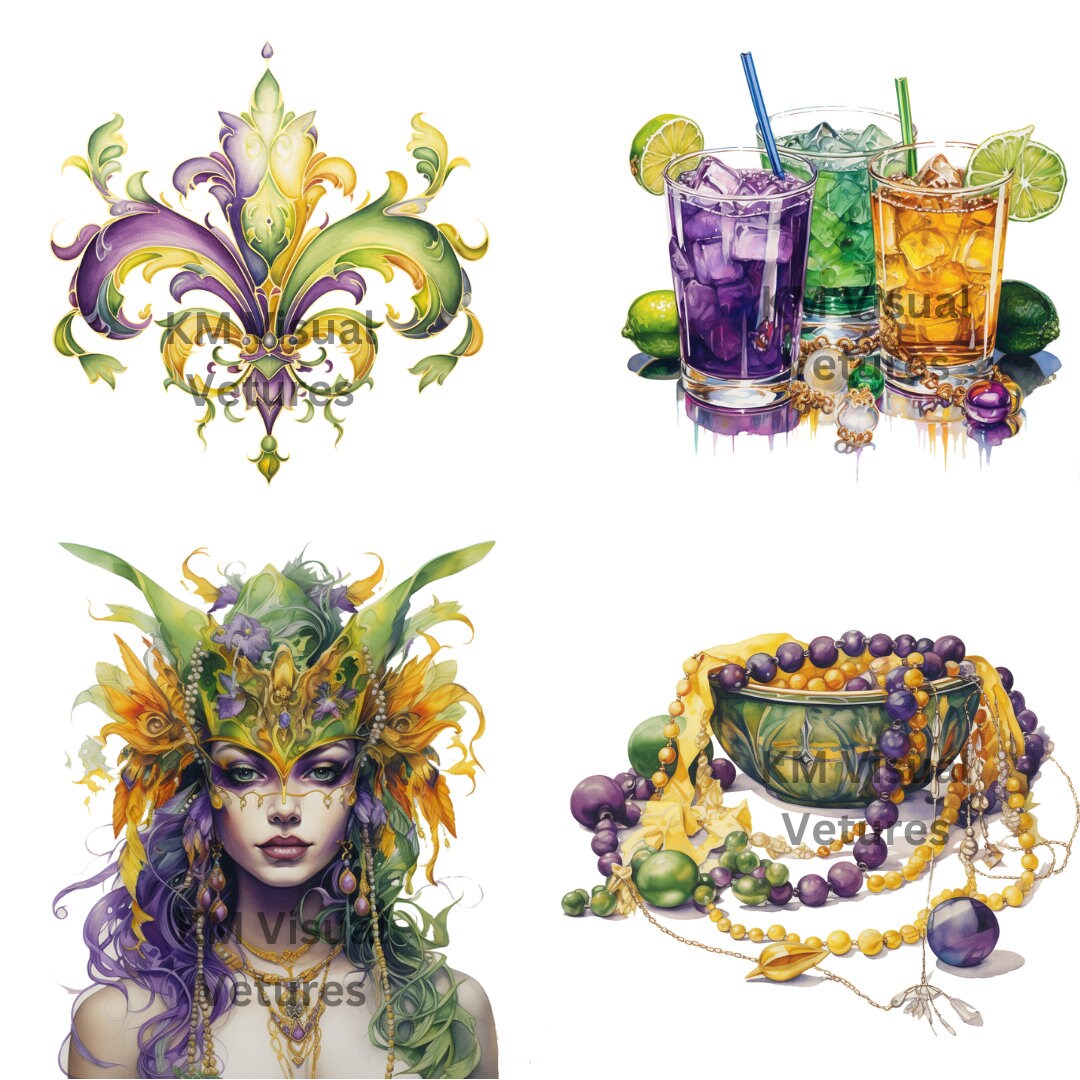 55 Watercolor Happy Mardi Gras Clipart PNG Bundle Masquerade Clip Art ...