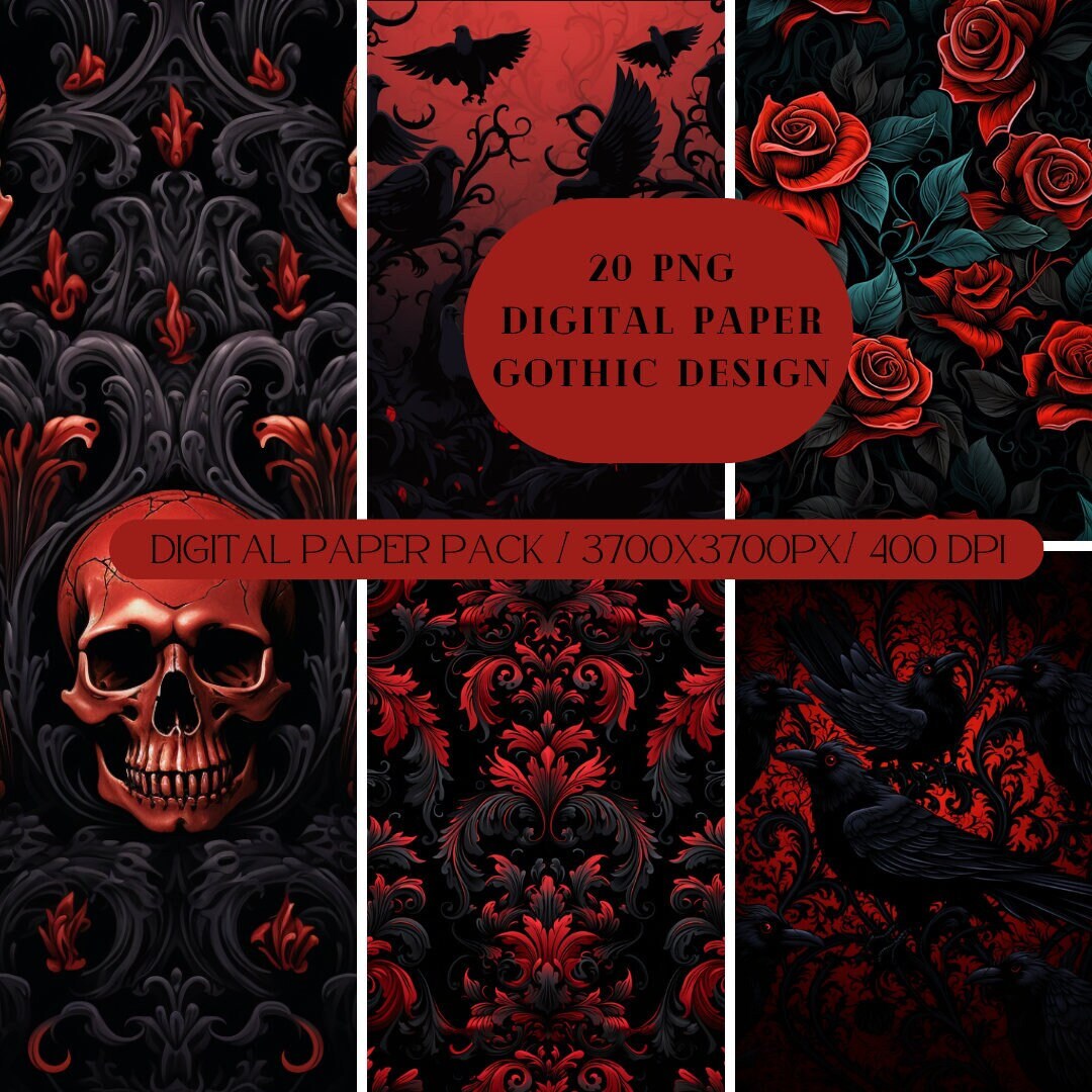 Gothic Roses and Skulls Baroco Roses Digital Paper Png,black and Red ...