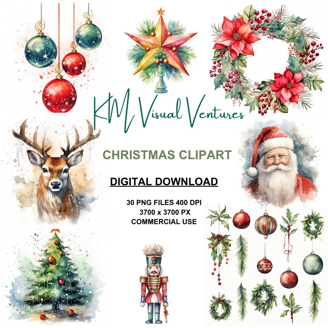 Christmas Watercolor PNG Clipart Christmas Digital Clipart - Etsy