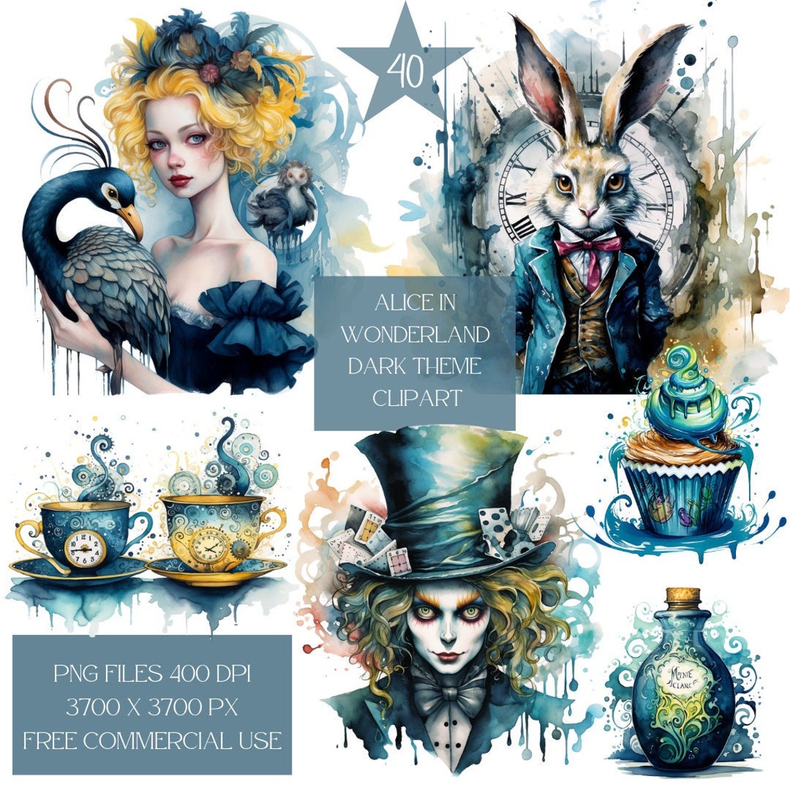 Alice in Wonderland Watercolor Clipart 40 PNG Bundle, Fairytale Clipart ...