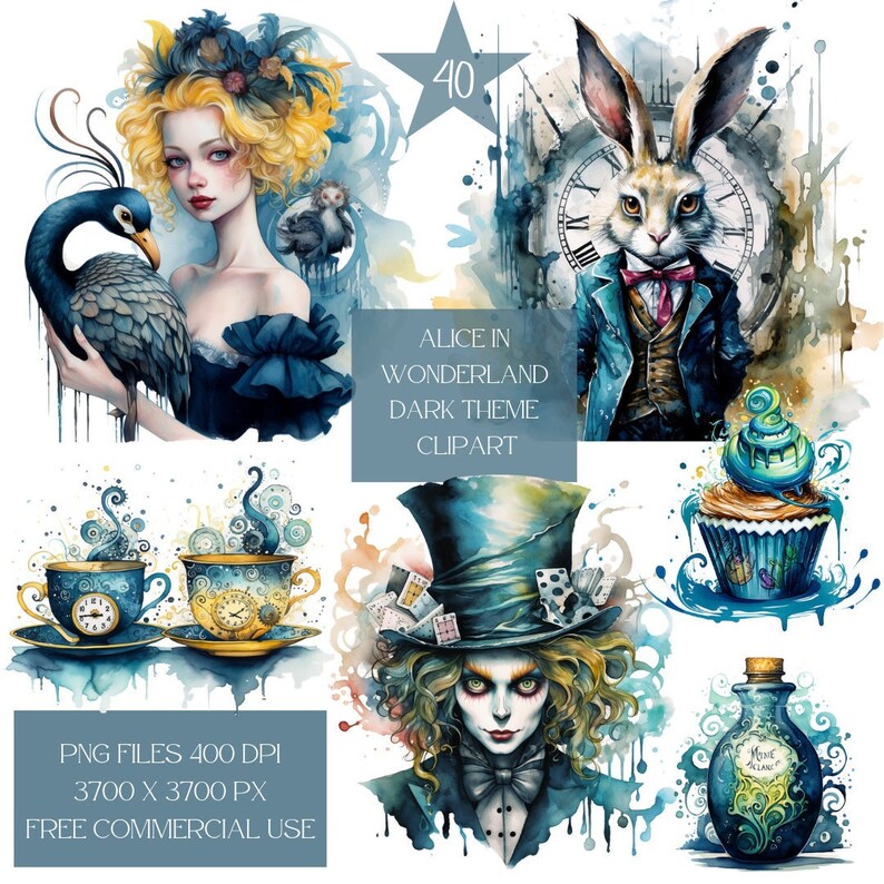 Alice in Wonderland Watercolor Clipart 40 PNG Bundle, Fairytale Clipart ...