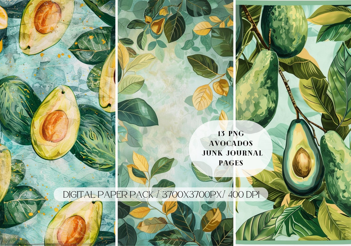 Avocados Junk Journal Digital Paper PNG, Gold, Green Half Avocados ...