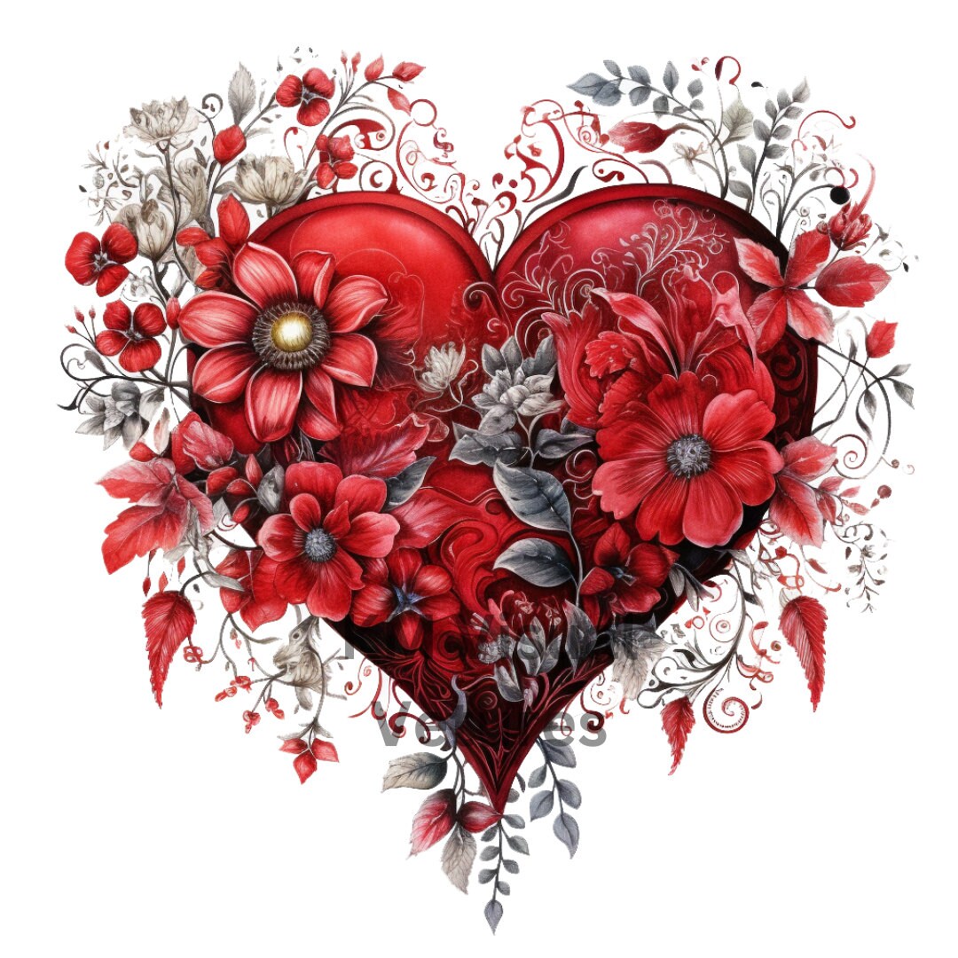 Watercolor Gothic Hearts and Flowers Clipart PNG, Gothic Love ...
