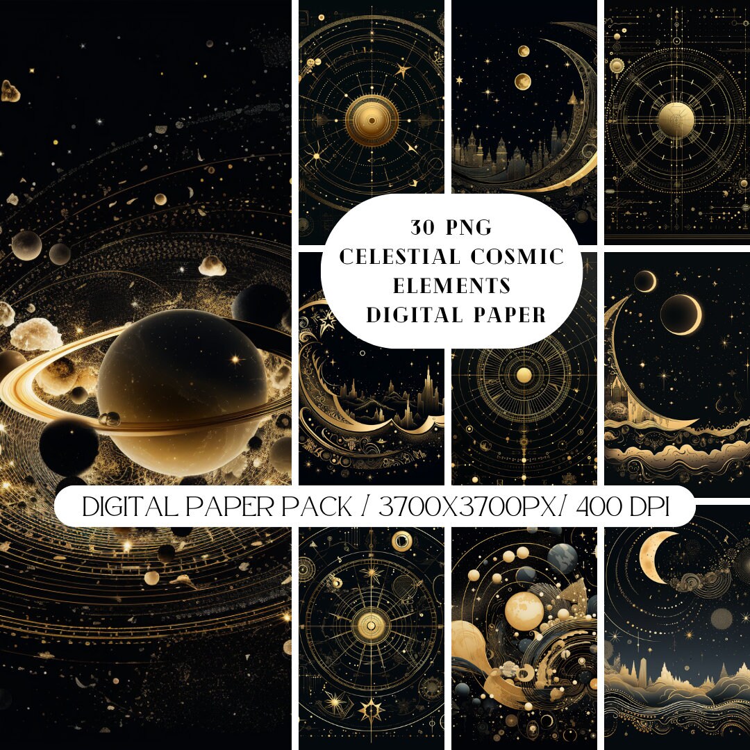 Gold Celestial Clipart: Cosmic Digital Paper PNG, 30 AI Pieces - Etsy